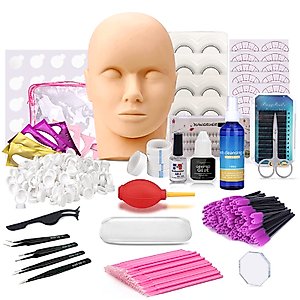 Pro 335Pcs Lash Eyelash Extension Kit, Mcwdoit Professional Lash Practice Kit with Flat Mannequin Head, Training Makeup Eye Lashes Grafting
