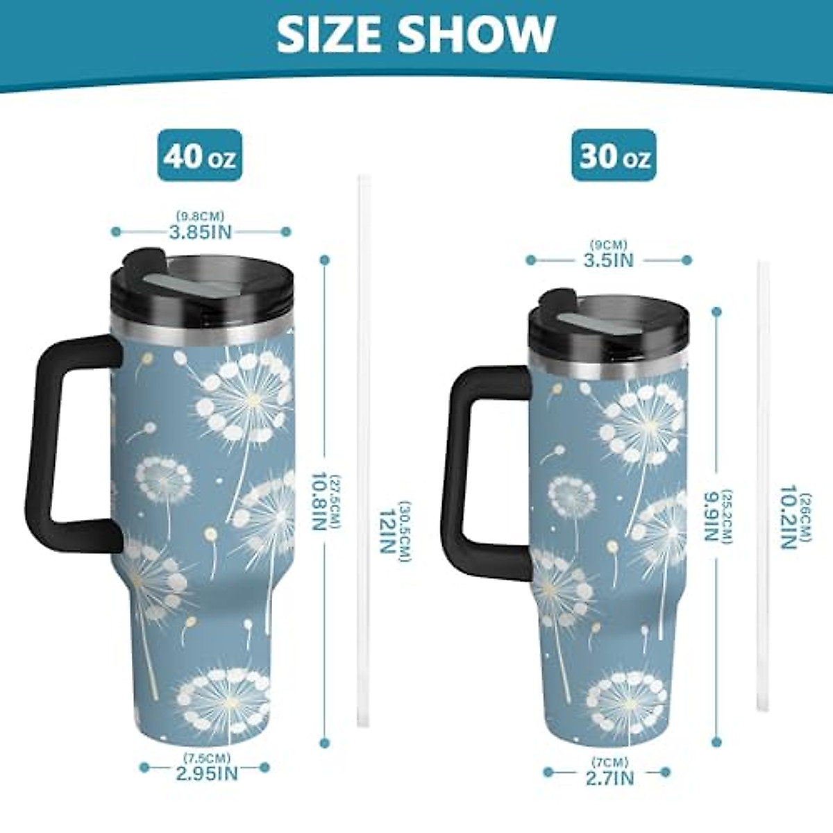 FRCSDIY Dandelion Insulated Tumbler with Handle and Straw Lid,40oz Leakproof Stainless Steel Cup BPA-Free Water Bottle