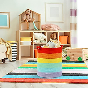 Autonomier 14" x 20" Rainbow Extra Large Tall Cotton Rope Woven Storage Baskets,Throw Blanket Storage Basket for Living Room,Home Decorative Storage Baskets,Cute Boho Nursery Hamper Laundry Basket