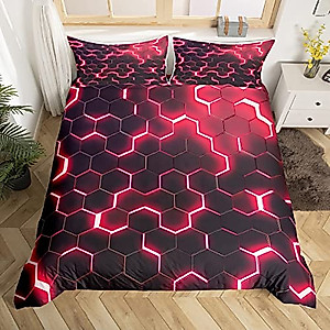 Feelyou 3D Honeycomb Duvet Cover Twin Size Geometry Hexagon Comforter Cover Glitter Print Bedding Set Red Bedspread Cover for Kids Boys Girls Adults 2Pcs