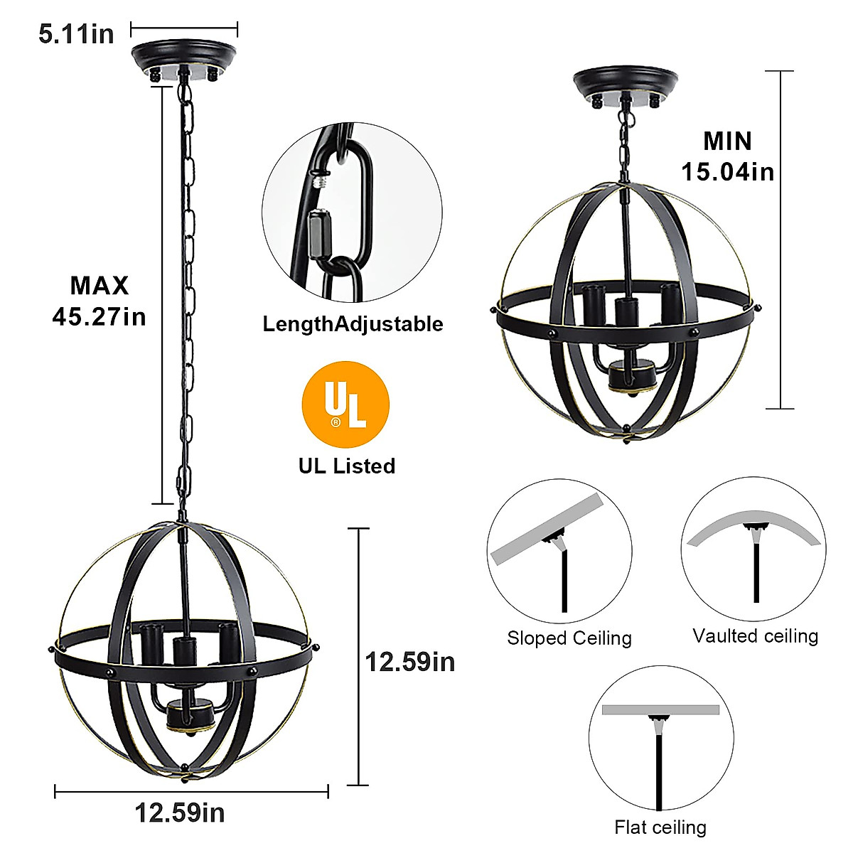 DLLT Chandelier Farmhouse Hanging Lighting, 3 Lights Globe Ceiling Light Fixture, Metal Swag Pendant Lighting for Kitchen, Dining Room, Living Room, Hallway, Bedroom, Entryway, E12 Base Gold