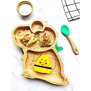 Xboo Toddler Plates, Bamboo Baby Suction Plates, Bamboo Suction Plates for Toddlers, Stay Put Feeding Plates, Wooden Divided Plate, Baby Dishes, Kids Plates, BPA Free | Rex_Green
