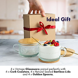 Scoozee Vintage Glass Coffee Mugs (4Pcs, 14oz), Overnight Oats Containers with Lids and Spoons, Clear Embossed Glass Cups | Coffee Bar Accessories, Gifts for Women, White Elephant Gifts