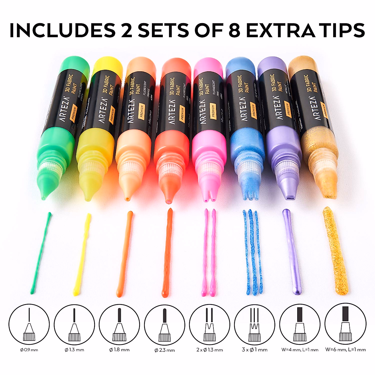 Arteza 3D Fabric Paint, Set of 30, Metallic & Glitter Colors, 1oz Tubes, Glow-in-The-Dark & Vibrant Shades, Textile Paint for Clothing, Accessories, Ceramic & Glass