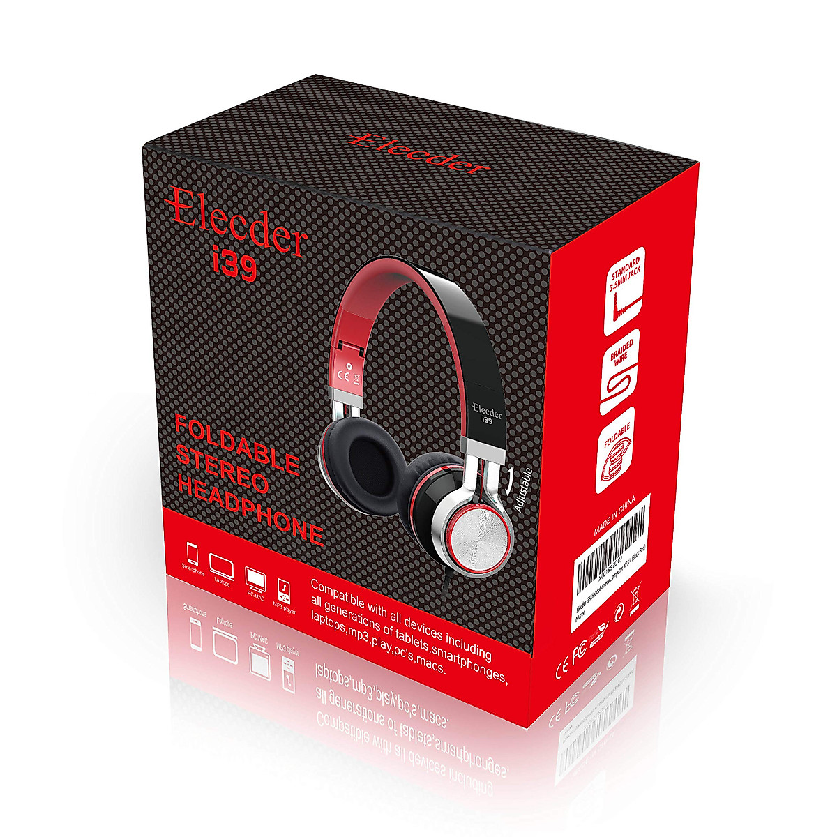 ELECDER i39 Headphones with Microphone Foldable Lightweight Adjustable On Ear Headsets with 3.5mm Jack for Cellphones Computer MP3/4 Kindle School Red/Black