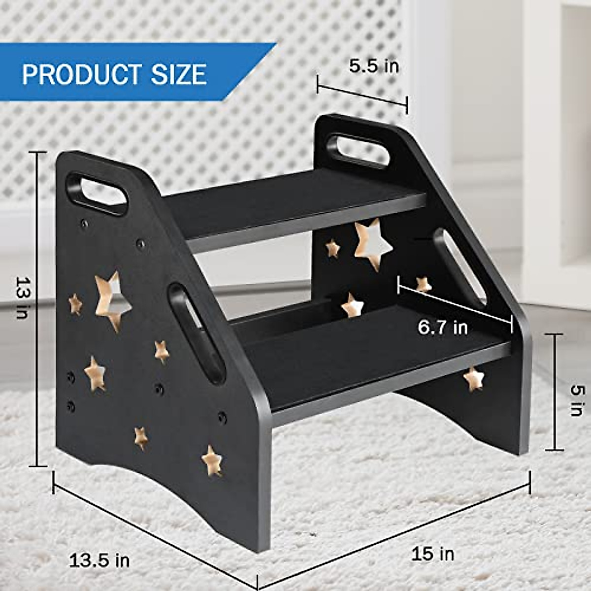 Nursery Step Stool for Kids, 2 Step Toddler Step Stool with Openwork Stars, Toddler Potty Training Step Stool, Kitchen Step Stool with Non-Slip Step Treads and 4 Cutout Handles, Toddler Step Stool