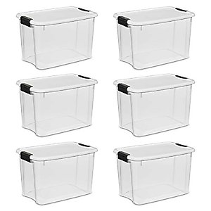 Sterilite 19859806, 30 Quart/28 Liter Ultra Latch Box, Clear with a White Lid and Black Latches, 6-Pack