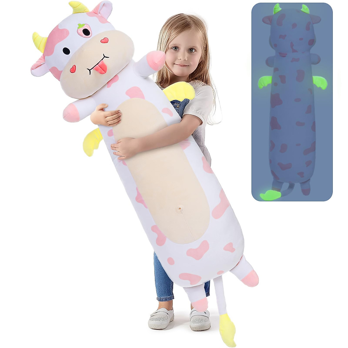 MorisMos Giant Cow Body Pillow 43'' Long Cow Pillow Plush, Pink Cow Stuffed Animal Glow in The Dark, Strawberry Cow Pillow with Heart for Girlfriend Valentine's Day Gift,Girl Boy Kid Body Pillow Gift