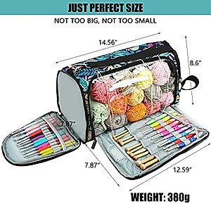 Looen Crochet Bag, Yarn Storage Tangle Free with Yarn Hole, Knitting Bag for Crochets Bamboo Knitting Needles and Yarns(Blue Leaves)