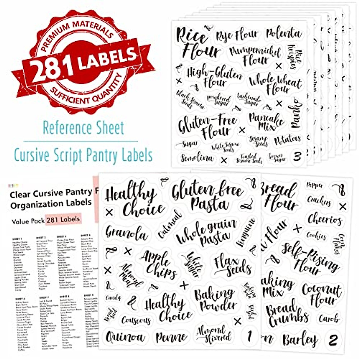 Hebayy 281 PCS Clear Cursive Pantry Labels Set Water Resistant with Customizable Stickers for Food Containers, Jars
