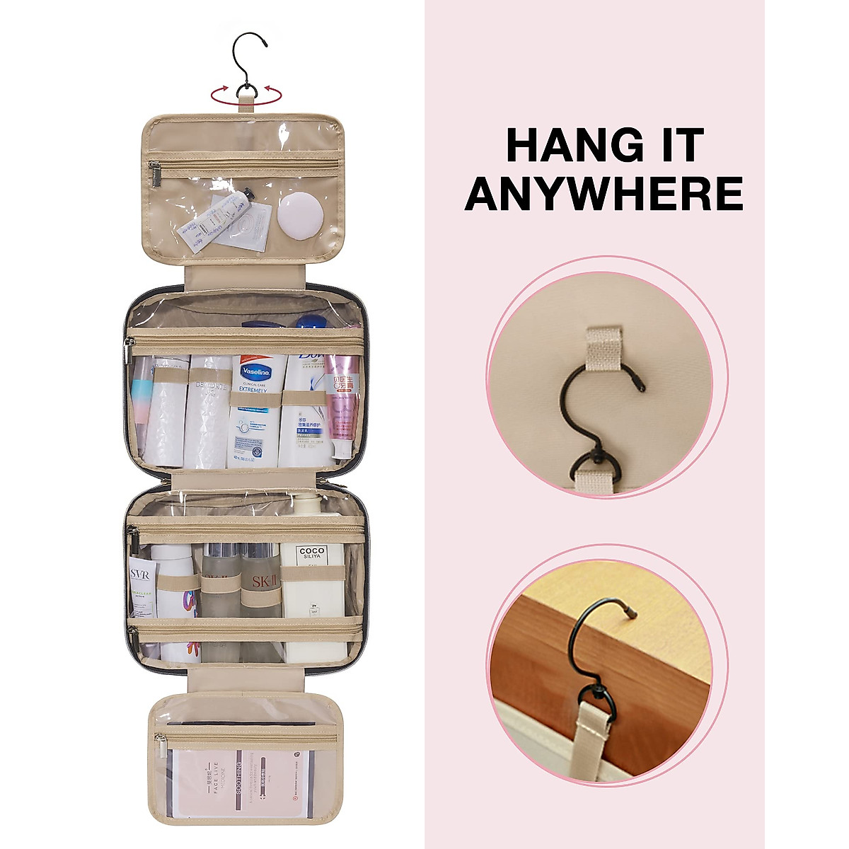 BAGSMART Toiletry Bag Travel Bag with Hanging Hook, Water-resistant Makeup Cosmetic Bag Travel Organizer for Accessories, Shampoo, Full Sized Container, Toiletries (Red Floral, Large)