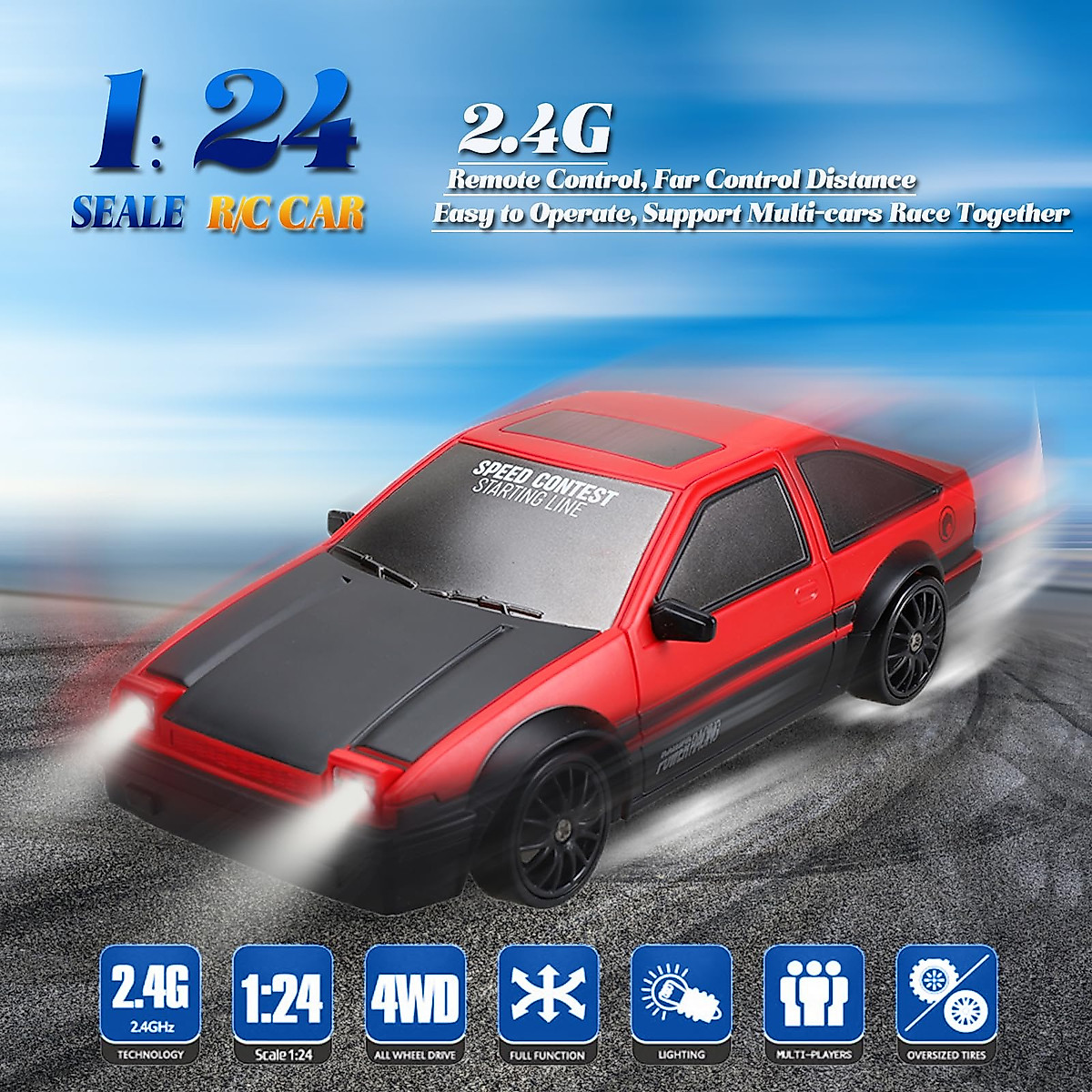 YUAN PLAN RC Drift Car, 1:24 Remote Control High Speed Race Drifting Cars, 2.4GHz 4WD Electric Sport Racing Hobby Toy Car with Two Batteries Headlight for Boys and Girls Teens and Adults Gift (Red)