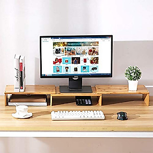 Dual Monitor Stand Riser,3 Shelf Screen Stand with Adjustable Length and Angle,Desktop Stand Storage Organizer for Laptop Computer, TV, PC, Printer, Multi Media Speaker-Bamboo Burlywood by HUVIBE