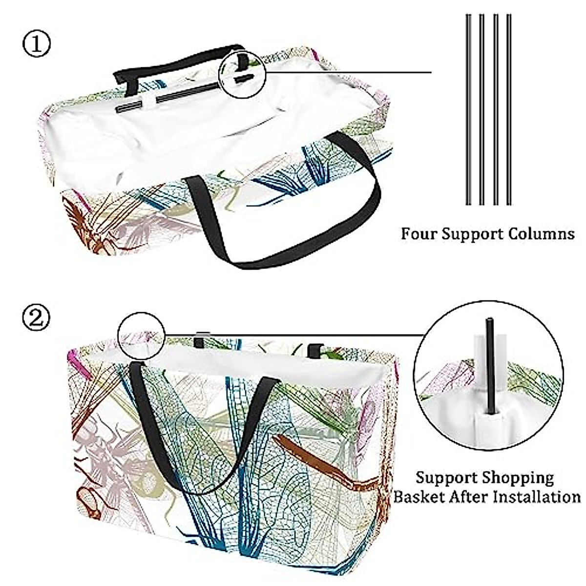 KQNZT Reusable Grocery Bags, Large Foldable Reusable Shopping Tote Bags Bulk for Groceries, Waterproof Kitchen Cloth Produce Bags with Long Handles, Retro Colored Dragonfly