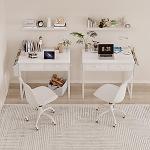 Lufeiya Small White Desk with Drawers - for Bedroom, 32 Inch Home Office Computer Desk with Fabric Storage Drawer and Bag, Study Writing Table for Small Spaces, white