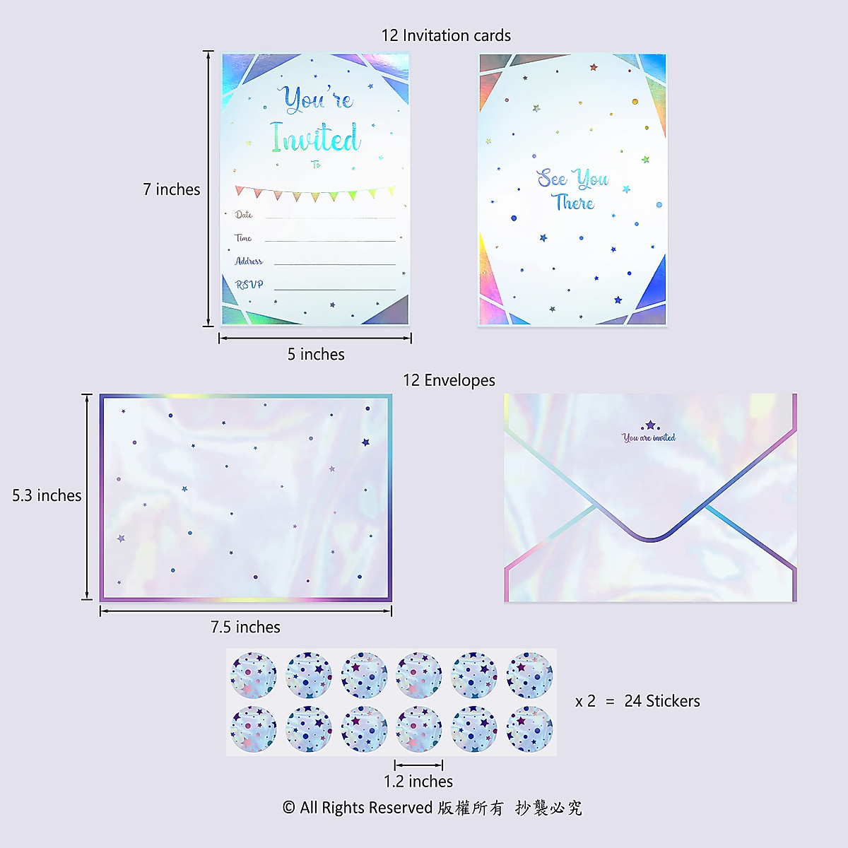 Cheerland 12 Set Iridescent Invitation Card Holographic Invites Birthday Party Wedding Bridal Shower Graduation Sweet 16 Bridal Shower Bachelorette Party Supplies