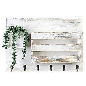 MyGift Wall Mounted White Washed Solid Wood Entryway Key Hooks and Mail Holder Organizer Rack with 6 Hooks and Artificial String of Pearls Decorative Plant