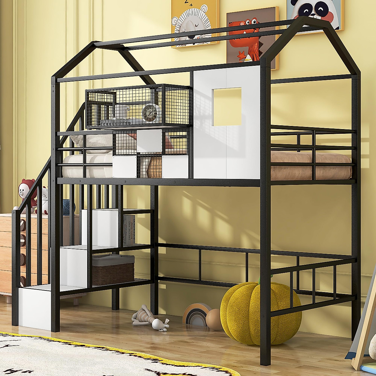 Kids Twin Low Loft Bed with Stairs, Metal Twin House Loft Bed with Storage Shelves, Roof & Safety Guardrail, Twin Low Loft Bed Frame for Kids, Teens, Girls & Boys (Black)