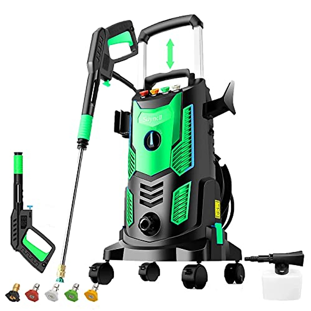 Suyncll Electric Pressure Washer - 2.2GPM Power Washers Electric Powered with 360° Spinner Wheel, 5 Quick Connect Nozzles, 500ML Foam Cannon, Total Stop System Cleans Cars/Fences/Patios, 1800W(Green)