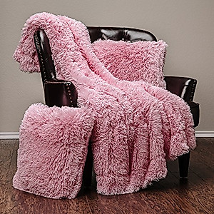 Chanasya Fuzzy Shaggy Faux Fur Throw Blanket and Pillow Cover 3-Piece Set - Lightweight Plush Sherpa Throw (50x65 Inches) and 2 Matching Throw Pillow Covers (18x18 Inches) for Bed Couch - Pink