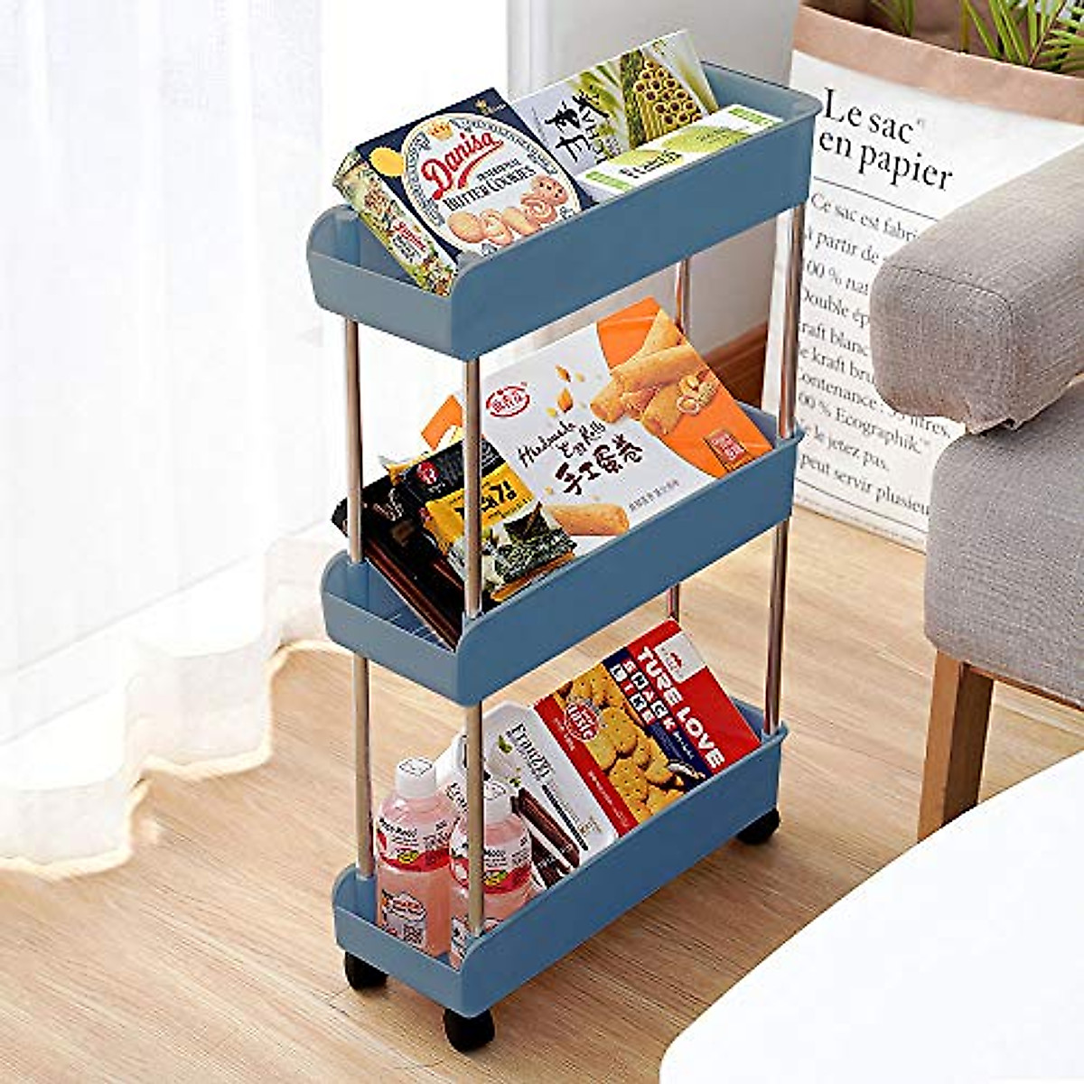 Melody House 3-Tier Slim Mobile Shelving Unit on Wheels, Slide Out Rolling Bathroom Storage Organizer, Utility Carts Shelf Rack for Kitchen Bathroom Laundry Room Narrow Places, Navy Blue
