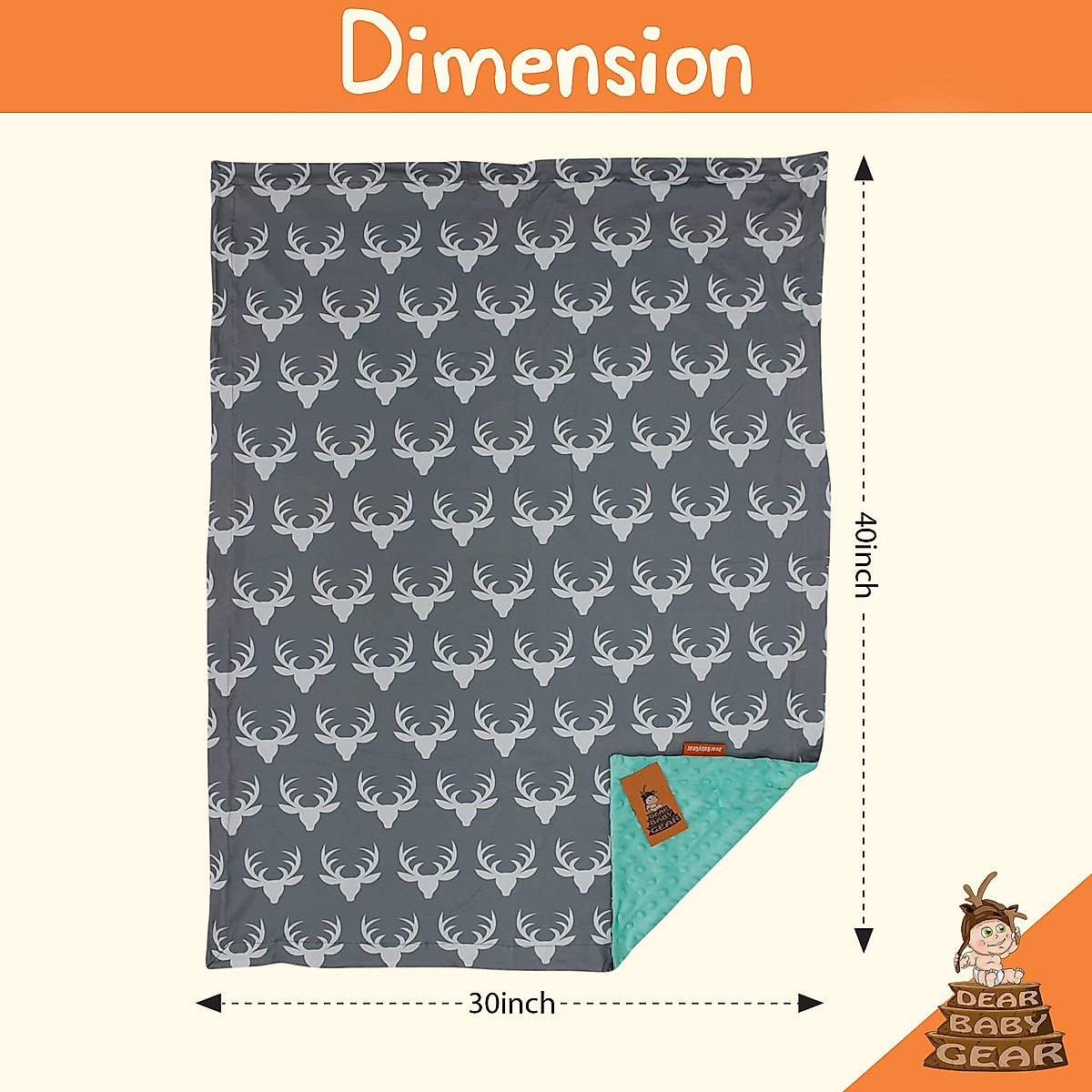 Dear Baby Gear Deluxe Double Layer Baby Blanket - Gender Neutral Infant Blankets for Girls & Boys - Nursery Quilt for Newborn - Cute Infant Crib Cover - Antlers Grey, Mint Blanket 40x30 Inches