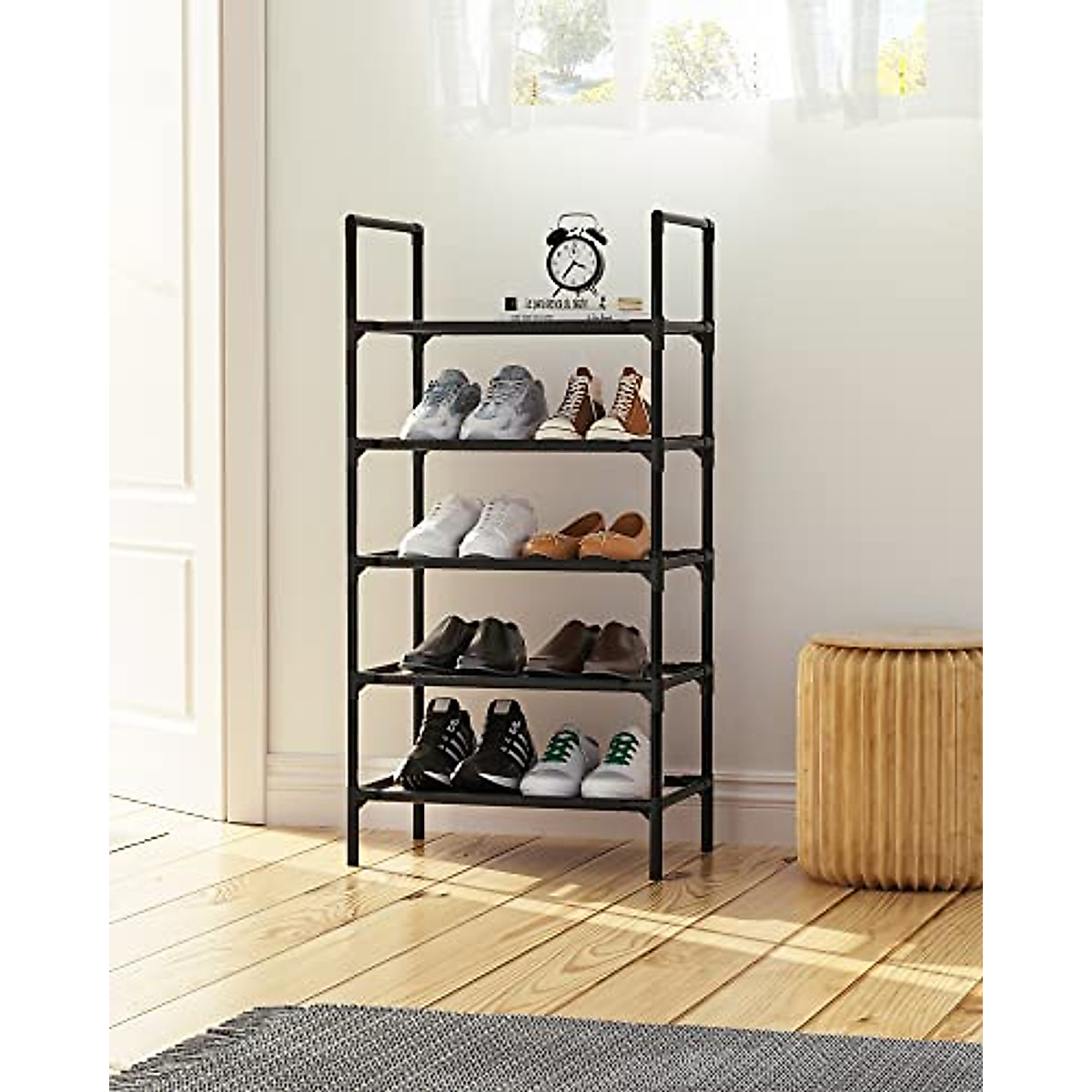 Moweallarge Shoe Rack 17-22 Pairs Stackable 5-Tier Shoes Rack Upgrade Compact Free Standing Shoes Rack with 6-Side Pockets for Small Narrow Space Closet Entryway Dorm Hallway