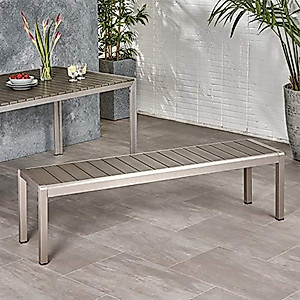 Great Deal Furniture Odelia Outdoor Modern Aluminum Dining Bench with Faux Wood Seat, Gray and Silver