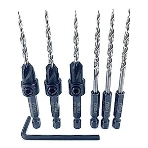 FTG USA Countersink Drill Bit Set 3 Pc #6 (9/64") with 3 Pc Replacement Countersink Drill Bit Same Size 9/64" Set Countersink HSS M2 Tapered Countersink Bit, with 1 Hex Wrench