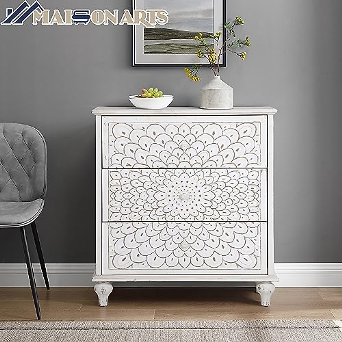 MAISON ARTS Dresser for Bedroom with 3 Drawers, Retro White Chest of Drawers Solid Wood Frame Farmhouse Accent Storage Cabinet for Bedroom Living Room Hallway Entryway Closet