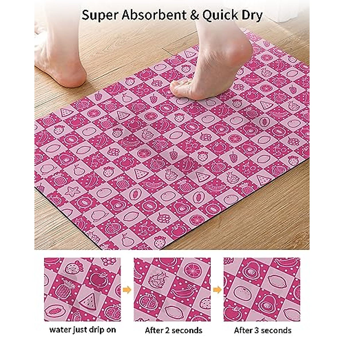 Pink Fruit Checkered Bath Mat for Tub,Non Slip Bathroom Floor Runner Rug Quick Dry & Absorbent Diatomaceous Earth Kitchen Shower Sink Washable Doormat,Funny Cute Fantasy Food Plaid Lattice 18"x30"
