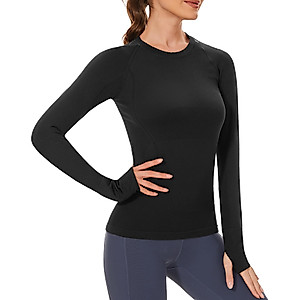 Stelle Womens Breathable Seamless Shirt with Thumb Holes for Yoga Sports Running Workout Athletic Slim Fit, Black, Large, Long Sleeve