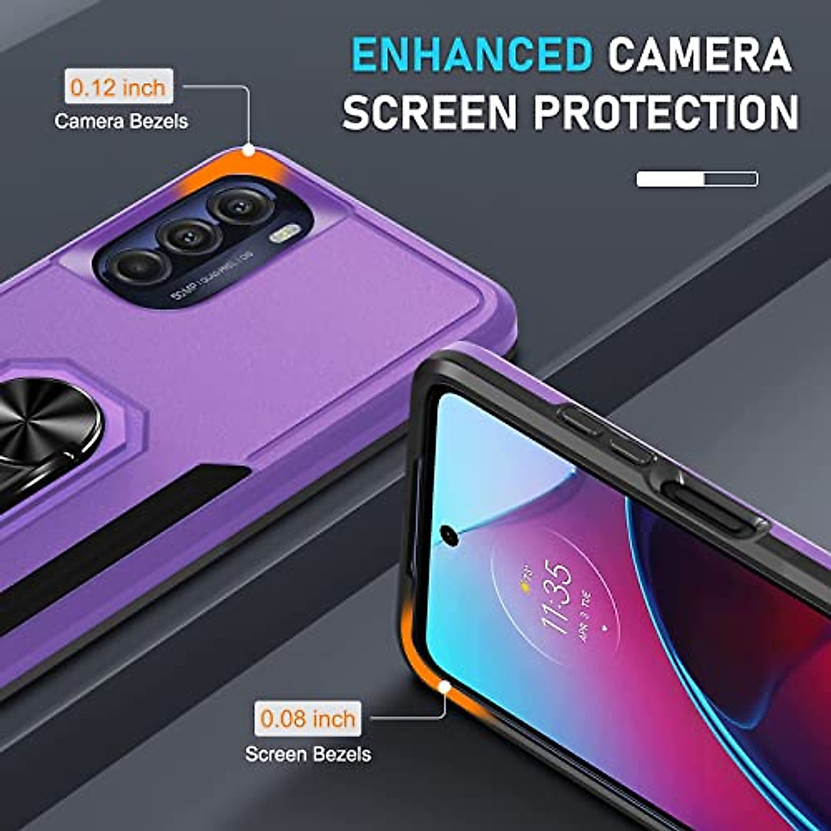 Janmitta Motorola Moto G 5G 2022 Case with Screen Protector[2 Pack], Heavy Duty Shockproof Full Body Protective Phone Cover,Built in Rotatable Magnetic Ring Holder Kickstand,Lavender