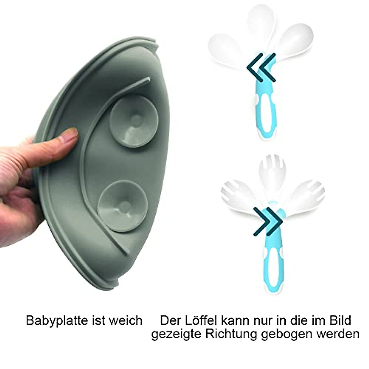 ANTUREBAY Suction Plates for Babies, 100% SiliconeToddler plates,Divided Baby Plates, Dishwasher & Microwave Friendly,Food Grade Silicone Kids Plates with Spoon Fork. (Blue,Green,Gray)