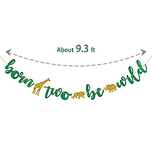 Born Two Be Wild Banner, 2nd Birthday Supplies, Jungle Theme Party Banner Sign, Green Glitter Baby Shower Party Decorations, Cheers to Two Years Old Party Hanging Banner