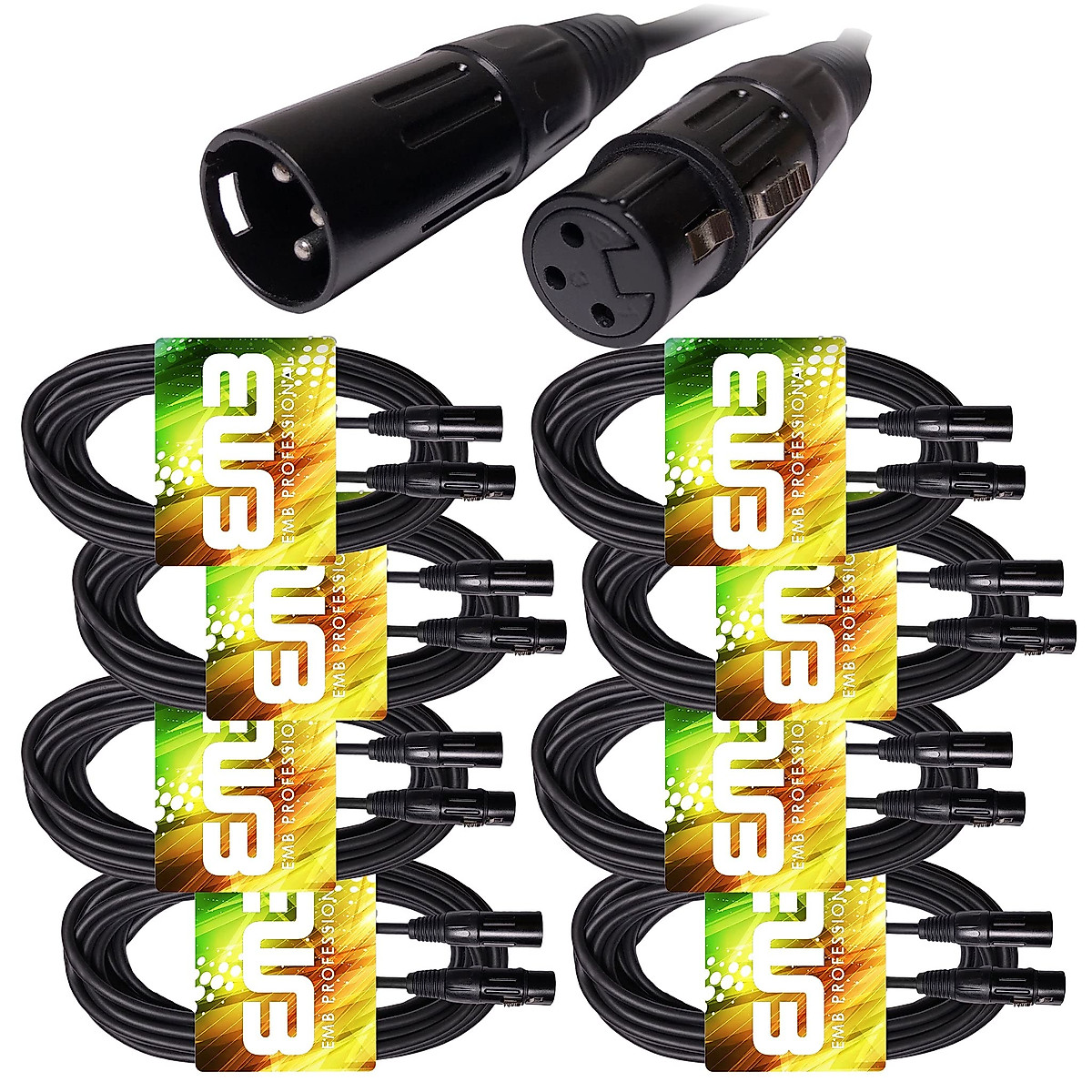 EMB Audio Professional Shielded Speaker Cable XLR Male to Female Patch Cords for use with DJ, Home, Microphone, Instrument and Speaker (15FT / 18GA, 8-Pack)