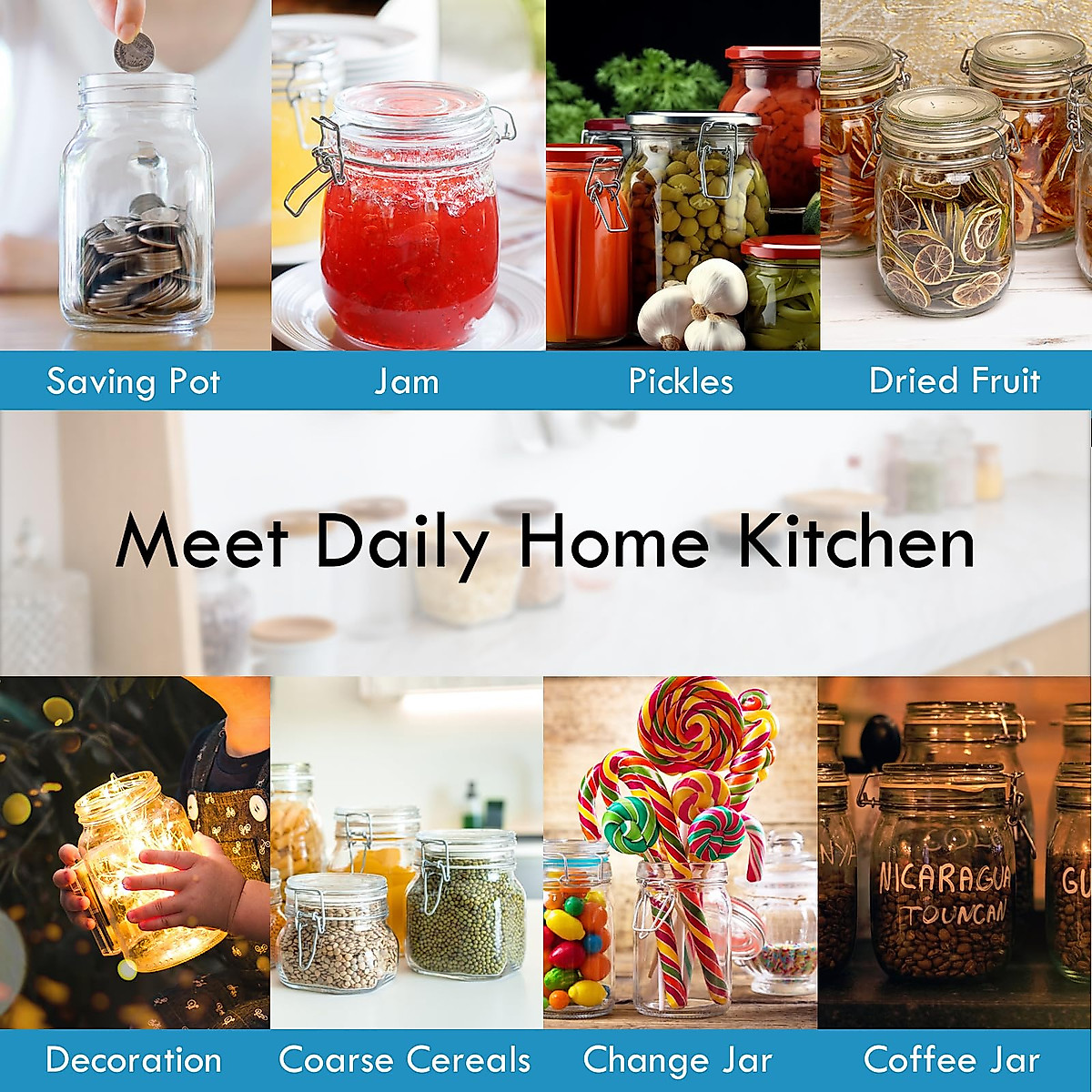 YEBODA 32oz Food Storage Canister Glass Jars with Clamp Airtight Lids and Silicone Gaskets for Multi-Purpose Kitchen Containers - Clear Square (3 Pack)