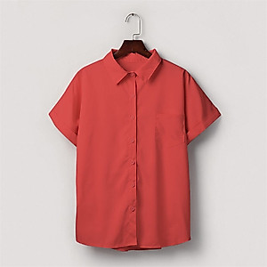 Linen Button Down Shirt Women Womens Dressy Blouses Elegant Short Sleeve Button Down Shirts Summer Causal V Neck Collared Shirt Classic Work Tops Red 2X
