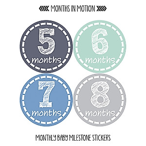 Months in Motion Baby Monthly Stickers - Baby Milestone Stickers - Newborn Boy Stickers - Month Stickers for Baby Boy - Baby Boy Stickers - Newborn Monthly Milestone Stickers (20 Count)