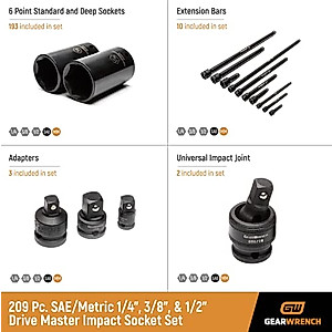 GEARWRENCH 209 Piece SAE/Metric 1/4", 3/8", & 1/2" Drive Master Impact Socket Set - 89072