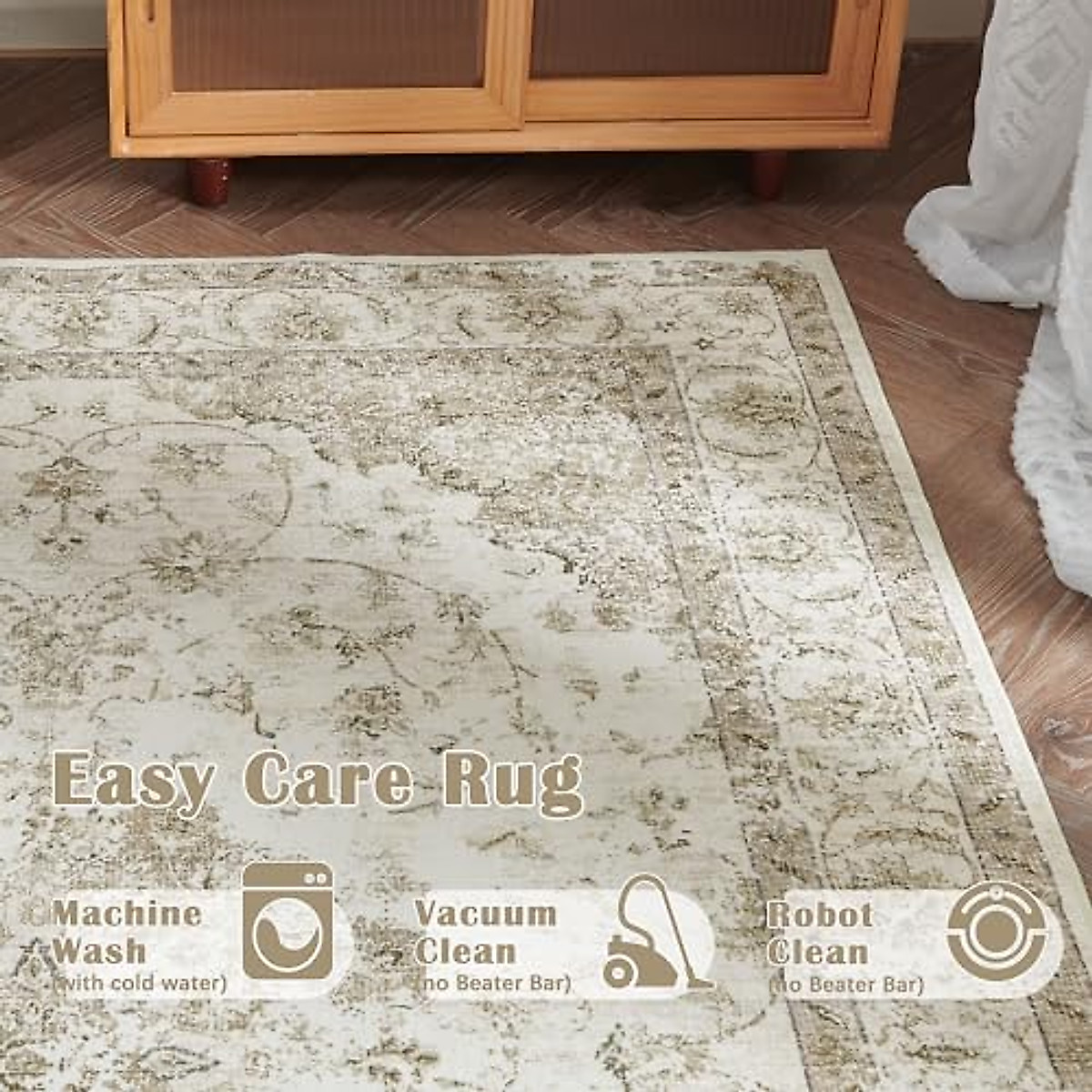 jinchan Washable Area Rug 8x10 Low Pile Living Room Vintage Rug Stain Resistant Floral Medallion Distressed Carpet Ultra-Thin Non Slip Indoor Carpet for Kitchen Bedroom Dining Room Farmhouse Taupe