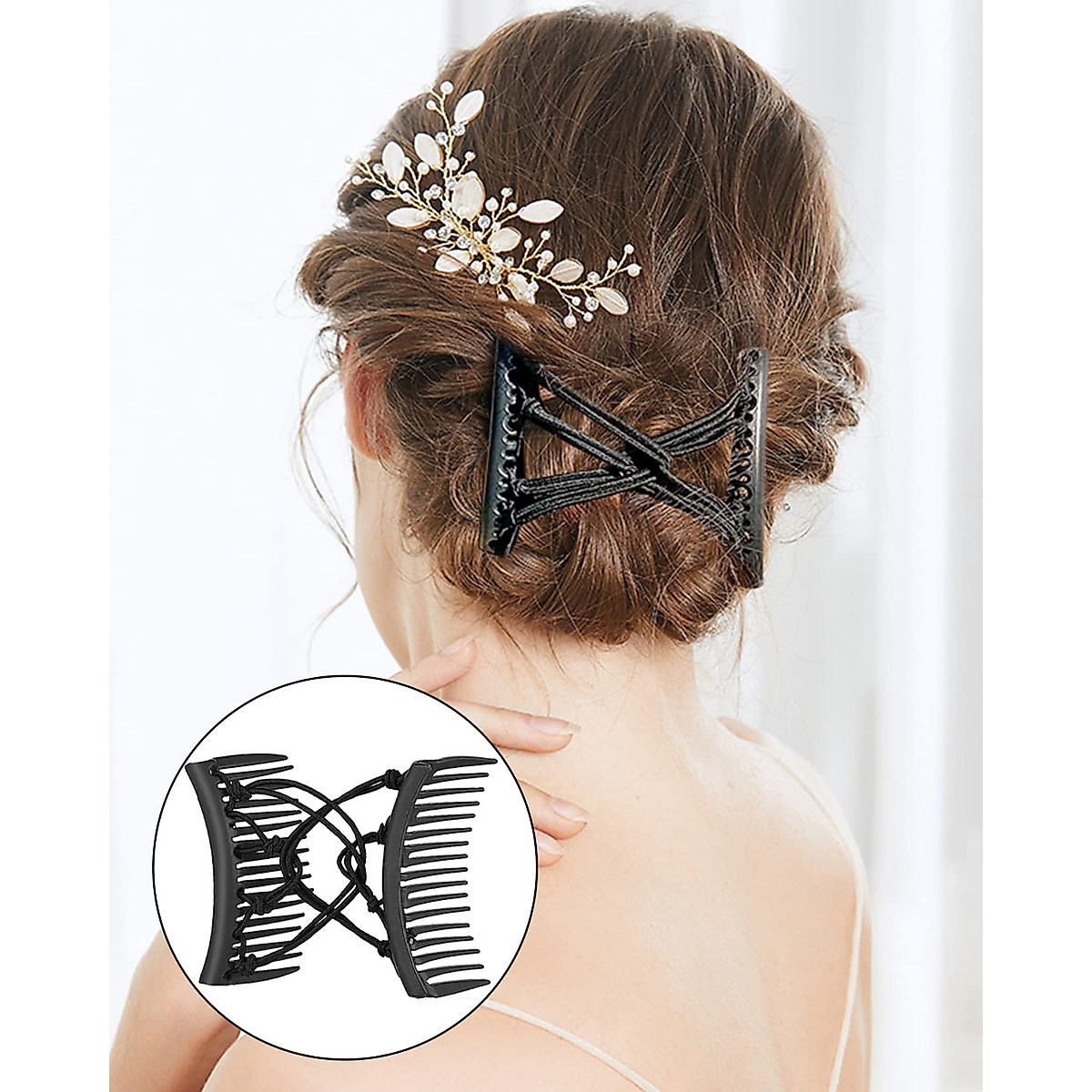MAORULU 4 Pieces Magic Hair Combs for Women Accessories, Adjustable Elastic Hair Comb Clips for Thick Curly Thin Hair (Coffee and Black)