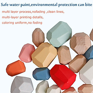 Dinhon 36pcs Colorful Blue Wood Stone Stacking Game Wooden Building Block Set Lightweight Natural Balance Weight Colorful Rock Block Educational Educational Toy