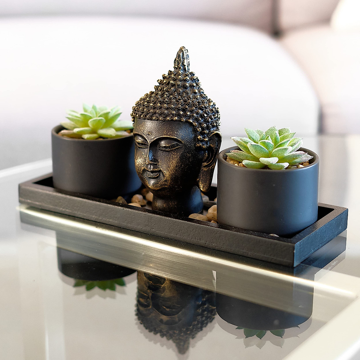 Buddha Statue & Succulent Zen Garden Set- Buddha Head Statue w/ Wooden Display Tray & Stones| Buddha Decor For Home Decor. Beautiful & Peaceful. Great Meditation Gifts.