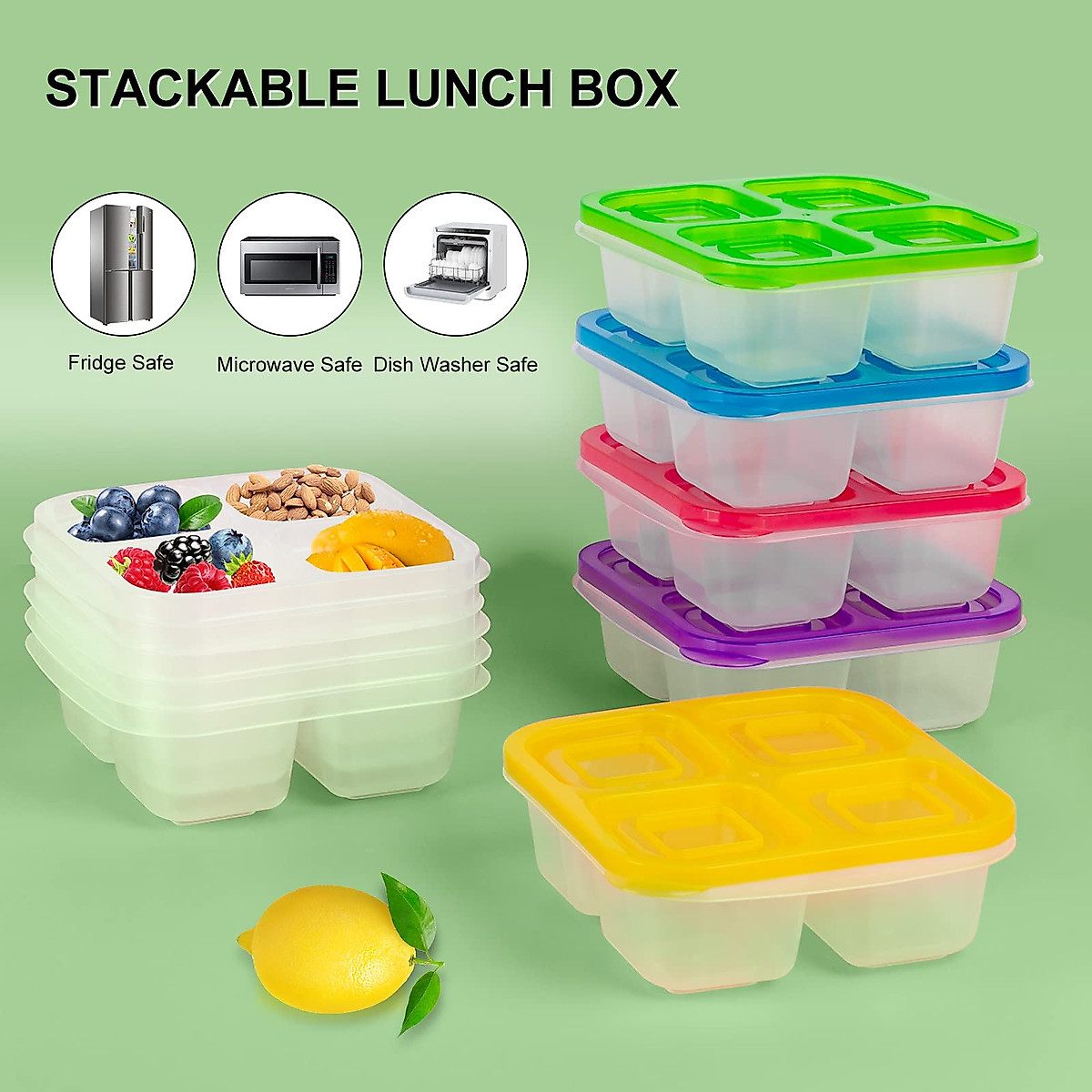 LileZbox 10 Pack Snack Containers for Kids Adults, Reusable BPA-Free Bento Snack Boxes Meal Prep Lunch Containers, Stackable Food Storage Containers for School, Work and Picnic (4 Compartment)