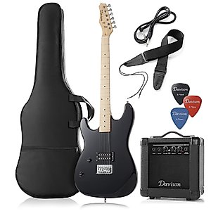 Davison Guitars Full Size Black Electric Guitar with Amp, Case and Accessories Pack Beginner Starter Package Left Right Handed