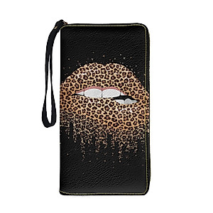 DISNIMO Sexy Leopard Lip Kiss Wallet PU Leather Purse Large Capacity Wristlet Zipper Clutch Credit Card Holder Bag Gift for Women Teens Girls