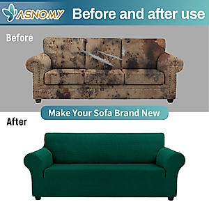 Asnomy Couch Covers for 3 Cushion Couch Stretch Sofa Covers Slipcovers, Pet Protector Furniture Covers for Dogs Cats Spandex Jacquard Fabric Small Checks （Large，Blackish Green）