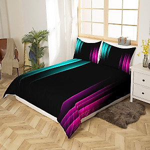 Feelyou Purple Teal and Black Geometric Ombre Duvet Cover Full Size Boys Girls Abstract Striped Bedding Set for Kids Women Men Ultra Soft Lightning Flash Comforter Cover Set Bedspread Cover Room Decor