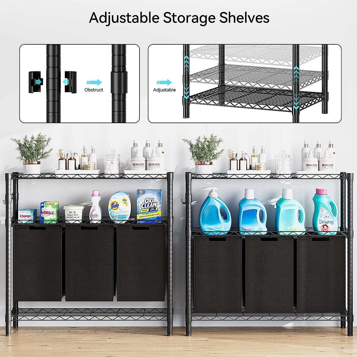 Laundry Sorters 3 Section with 3 X 45L Laundry Bags, 2 Tier Adjustable Metal Storage Shelf, Pull-Out & Removable Oxford Fabric Laundry Baskets, Black